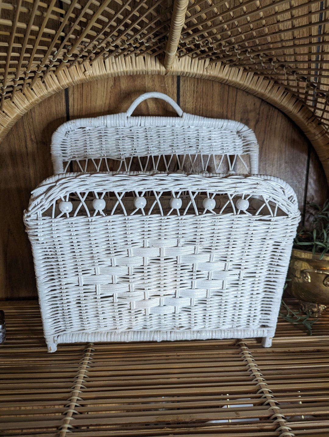 Vintage White Wicker Magazine Rack. Woven With Beads. Excellent ...