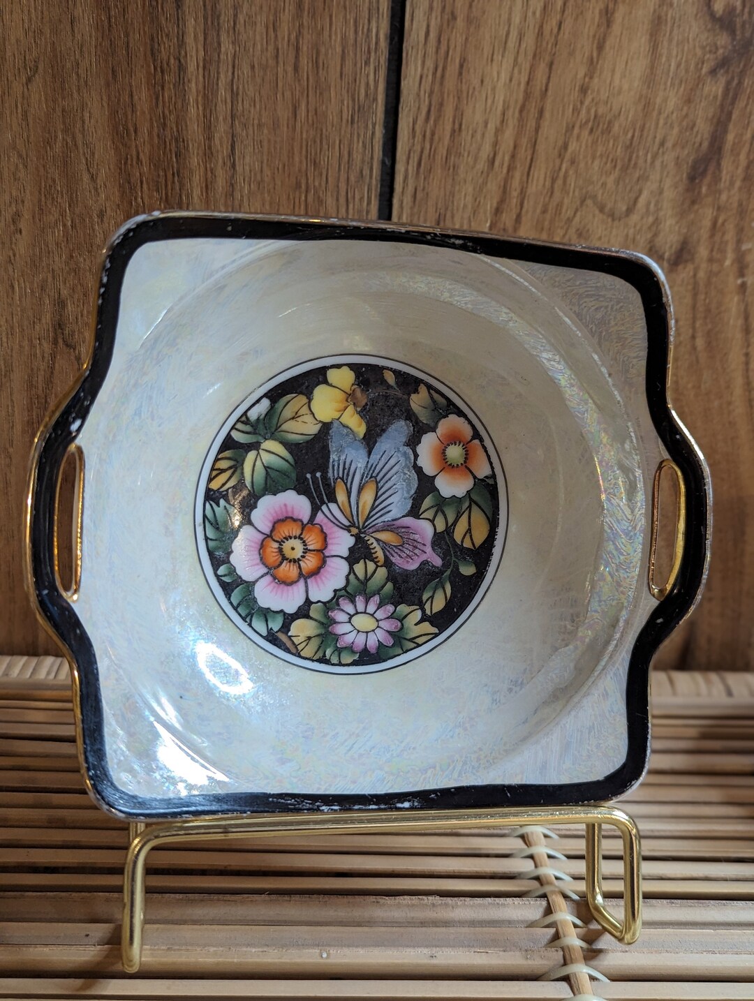 Noritake Blue Lustreware Squared Trinket Dish With Handles Butterfly ...