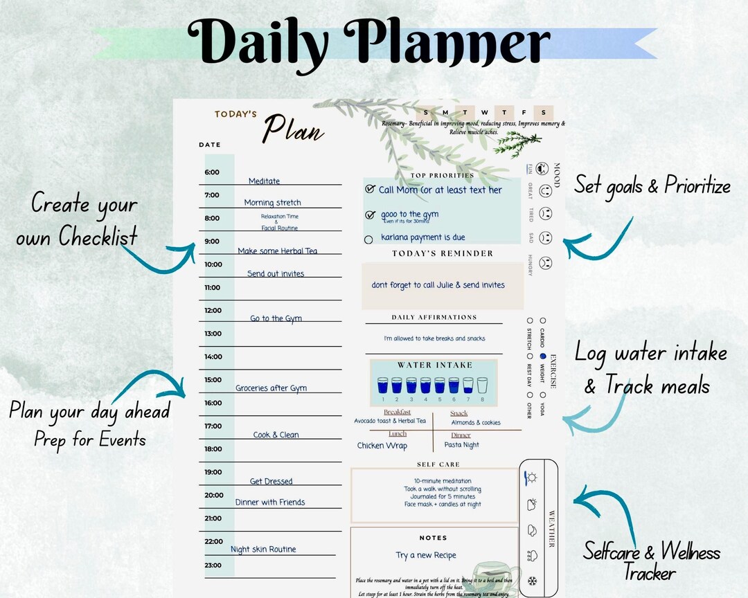 All-in-one Daily Planner Printable | Self-care, Hourly Plan ...