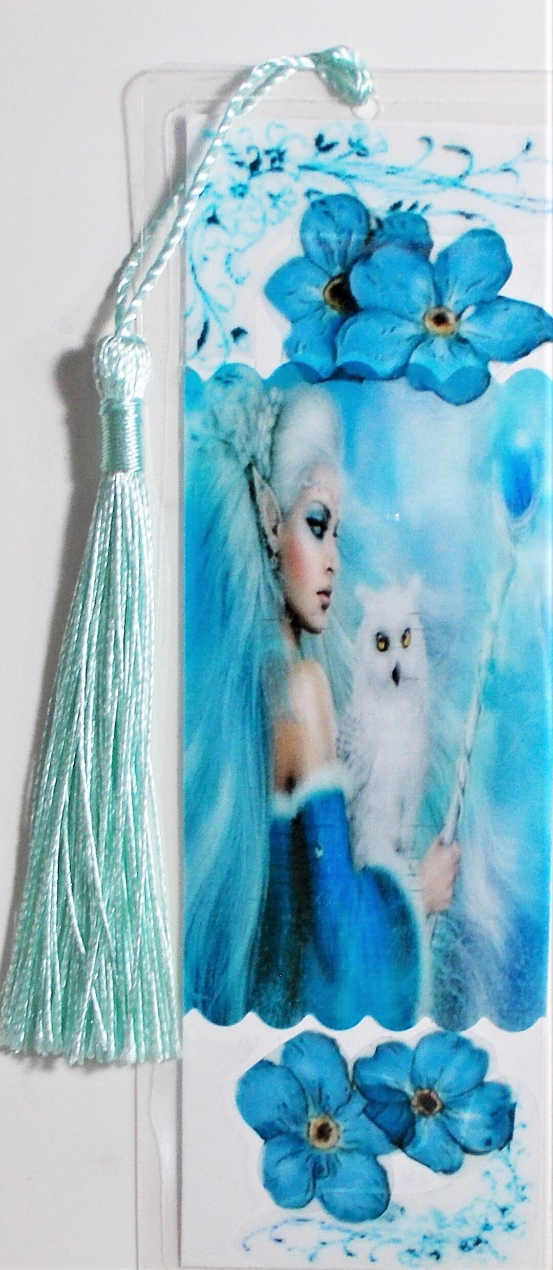 Bookmark PIXIE LADY OWL and Blue Flowers Unique Exquisite Laminated ...