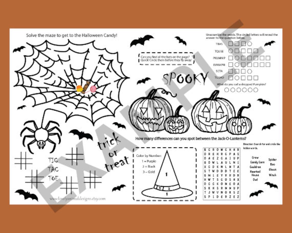 Halloween Activity for Kids, Halloween Coloring Placemat, Printable ...