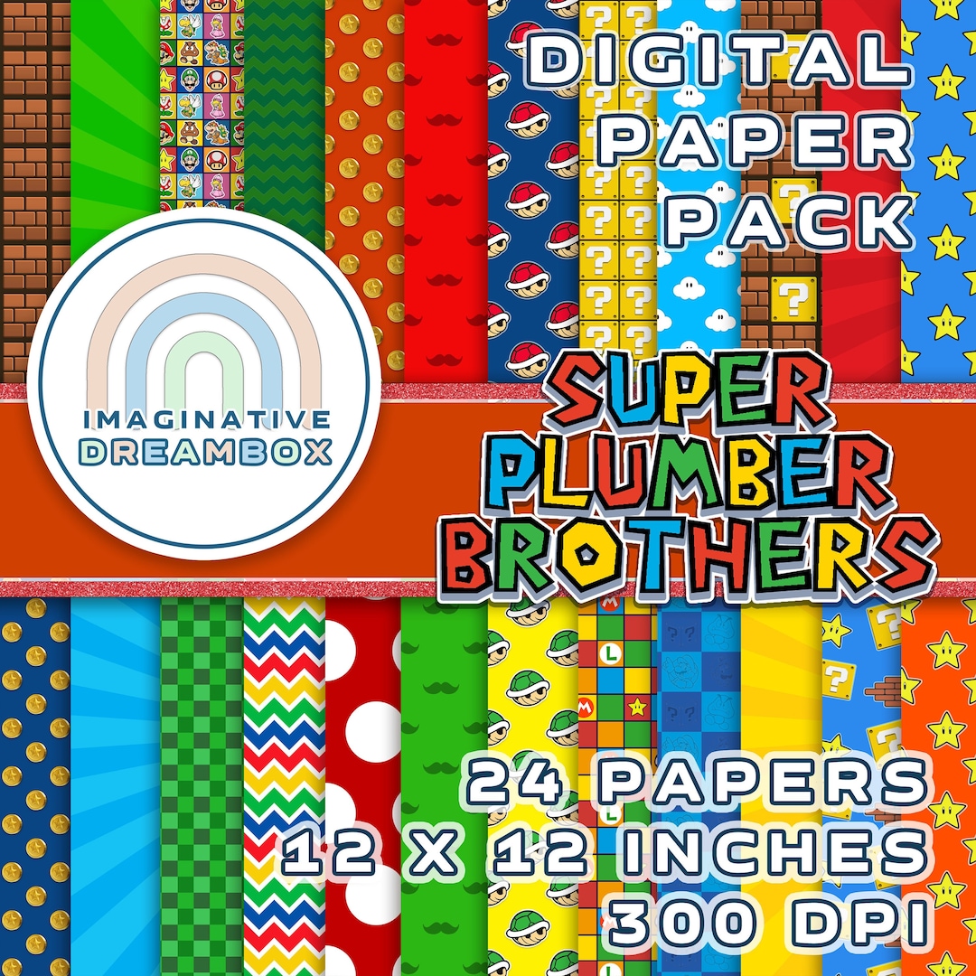 Super Plumber Brothers Mario and Luigi 24 Digital Paper Pack, Textures ...