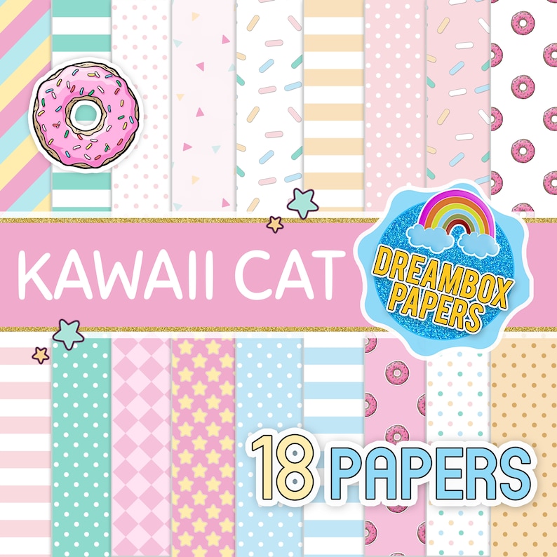 Kawaii Cat Cute Paper Pack, Textures for Invitations, Scrapbooking ...