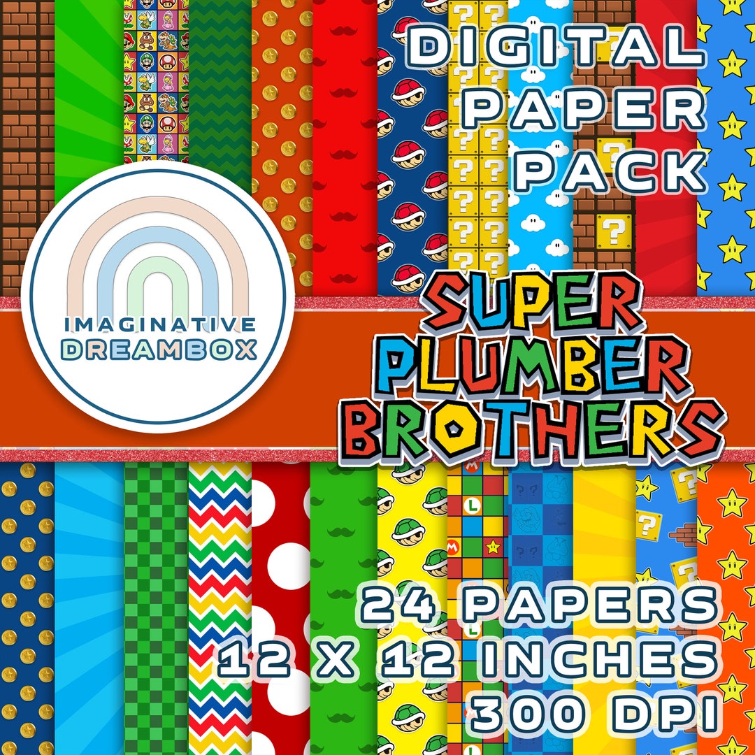 Super Plumber Brothers Mario and Luigi 24 Digital Paper Pack, Textures ...