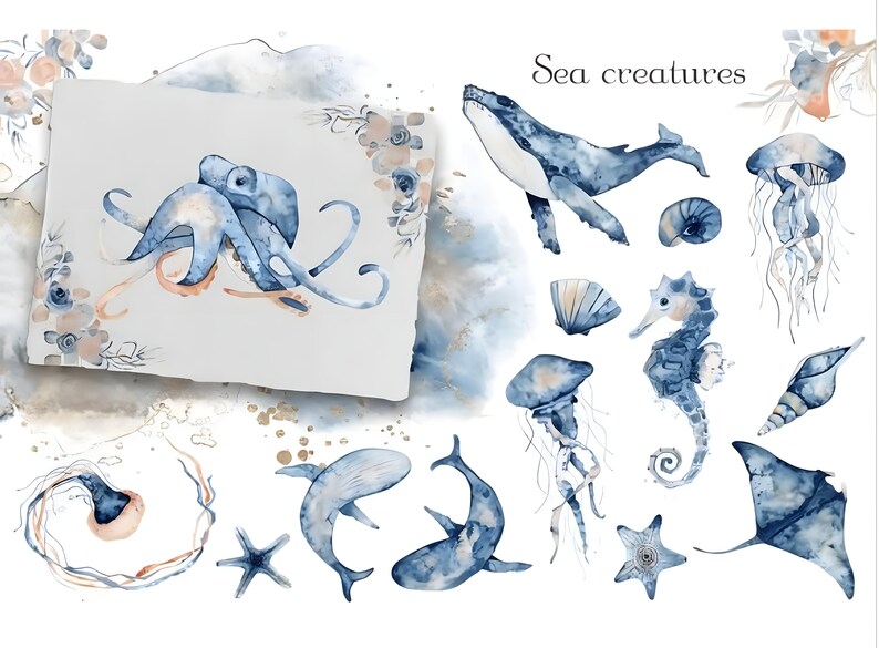 Watercolor Sea Creatures & Floral Elements Mega Bundle PNG - Etsy