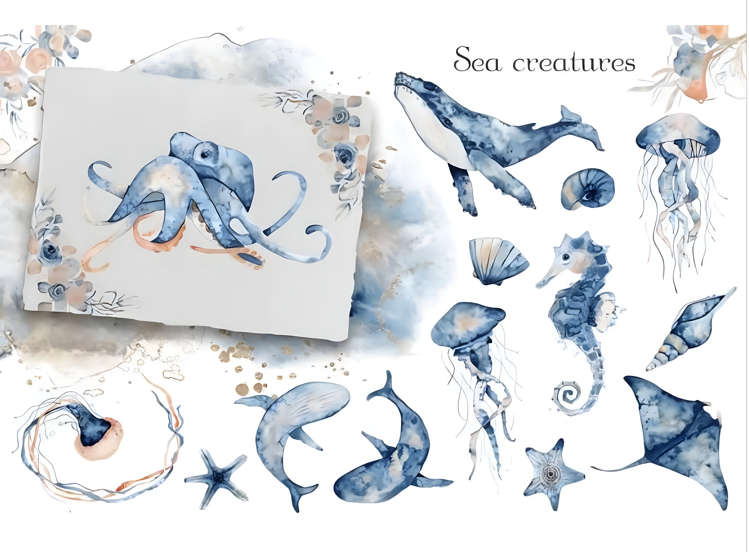 Watercolor Sea Creatures & Floral Elements Mega Bundle PNG - Etsy