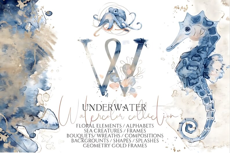 Watercolor Sea Creatures & Floral Elements Mega Bundle PNG - Etsy