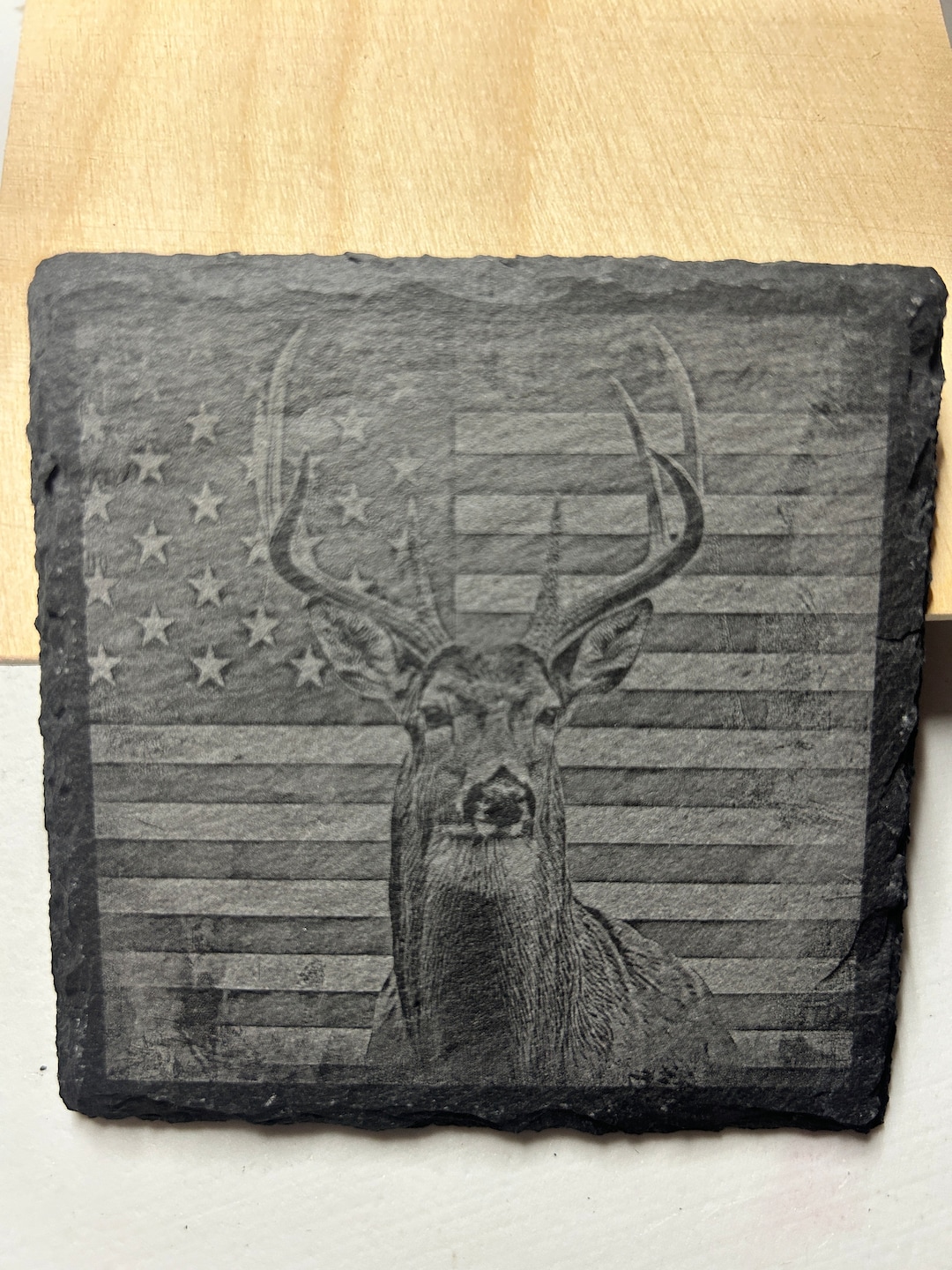 Set of 4 Slate Deer With American Flag Coasters, Engraved Slate ...