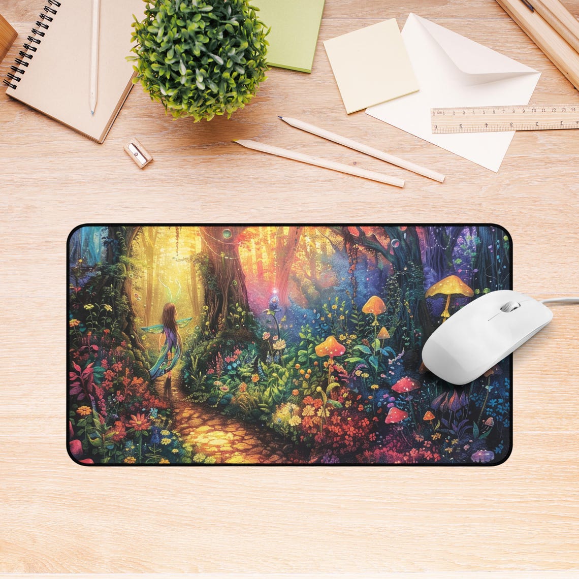 Whimsical Fairy Garden Desk Mat With Mystical Mushrooms and Flowers ...