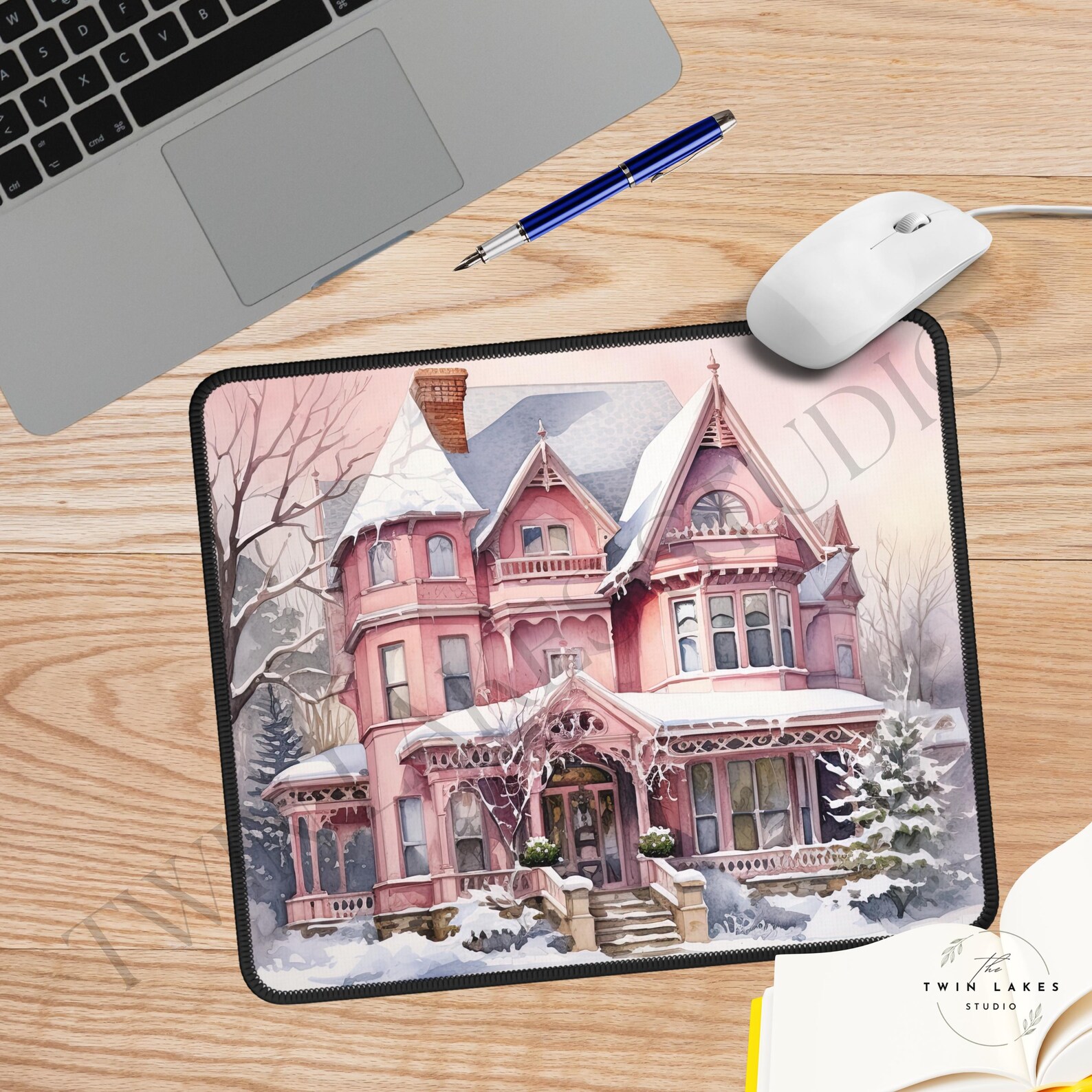 Pink Victorian Home in Winter Mousepad, Pink Decor, Vintage Victorian ...