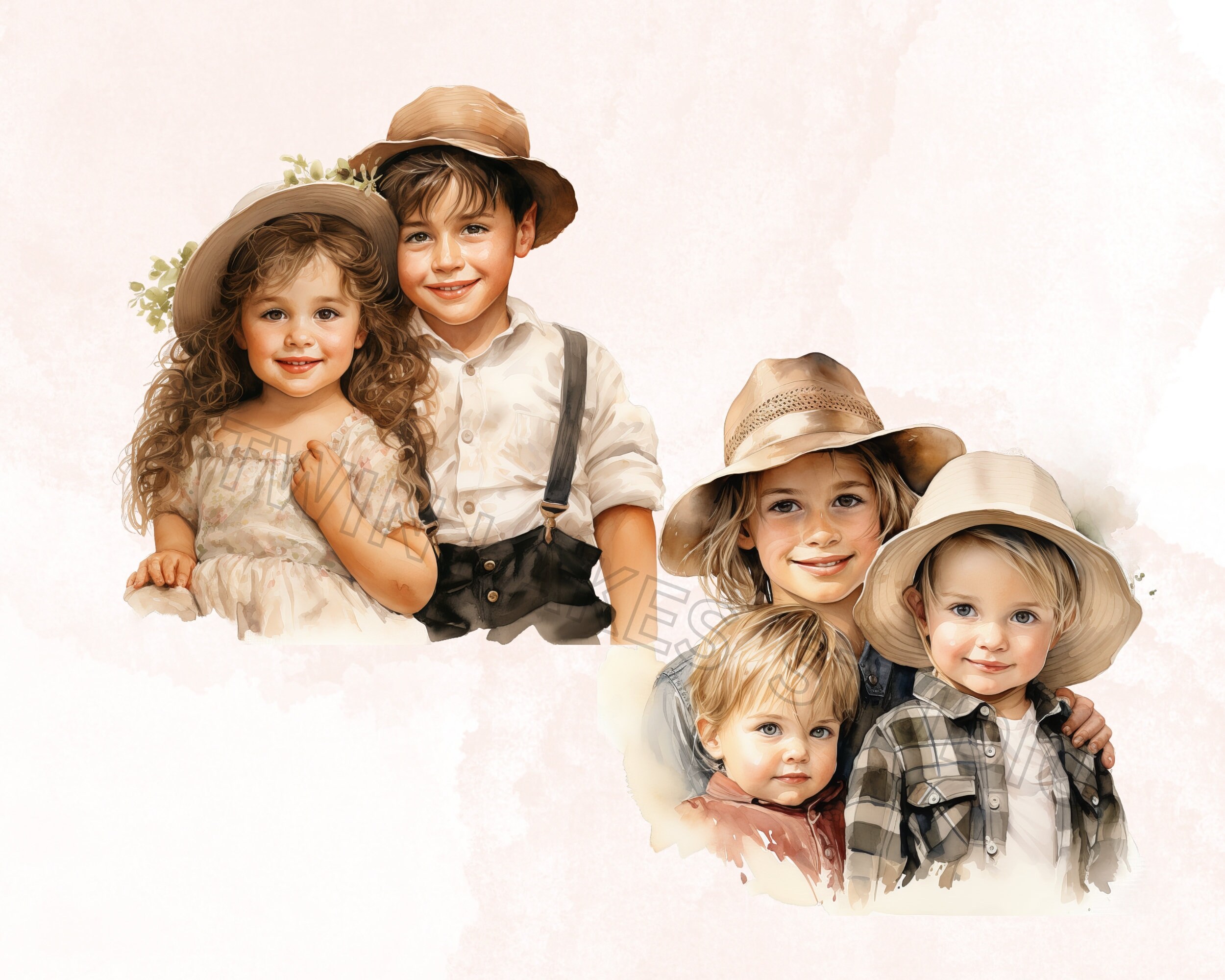 16 Watercolor Children - Boys and Girls - Siblings - Brothers and ...