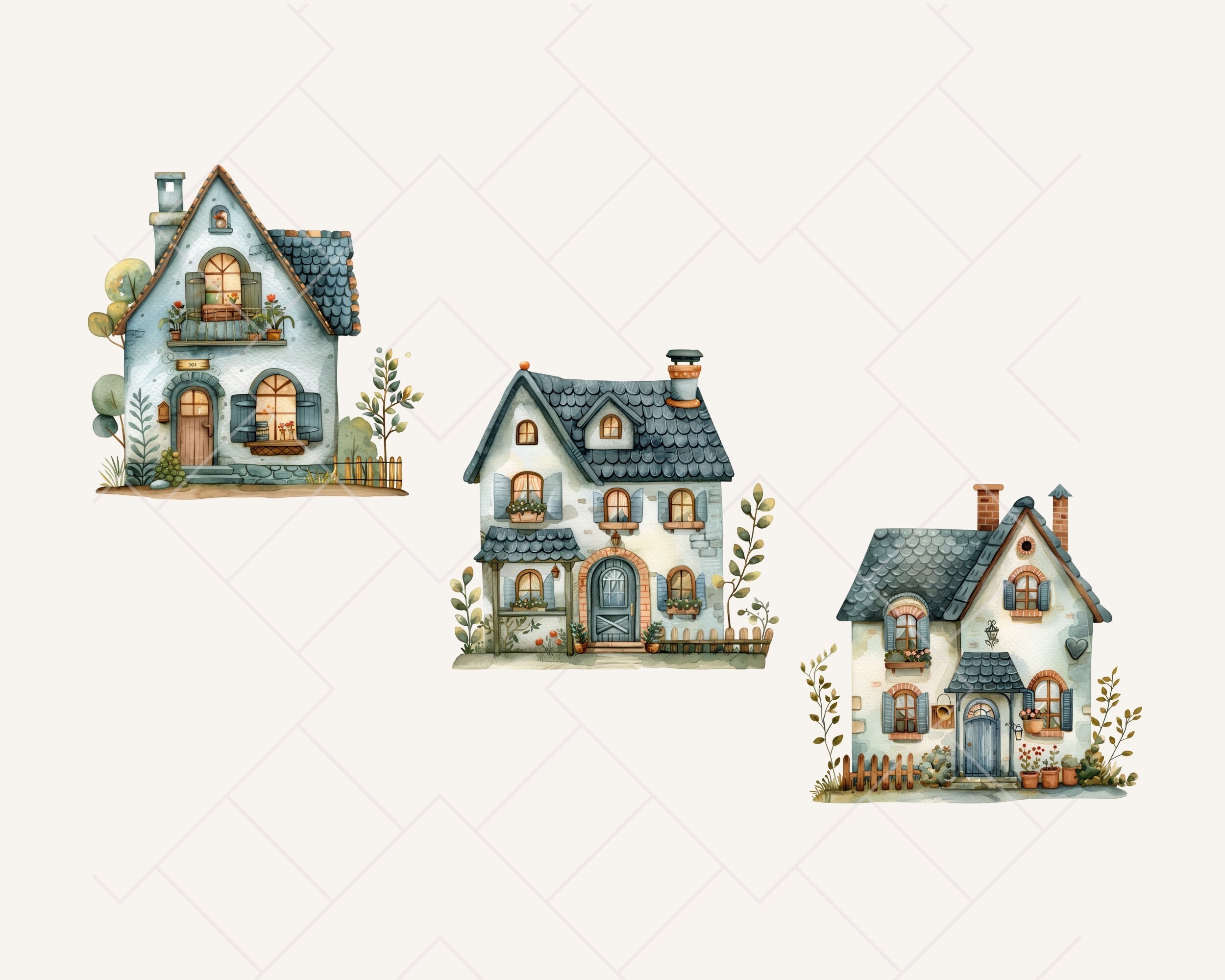 Watercolor Folk Cottages Clipart | Cottage Illustrations | Quirky ...