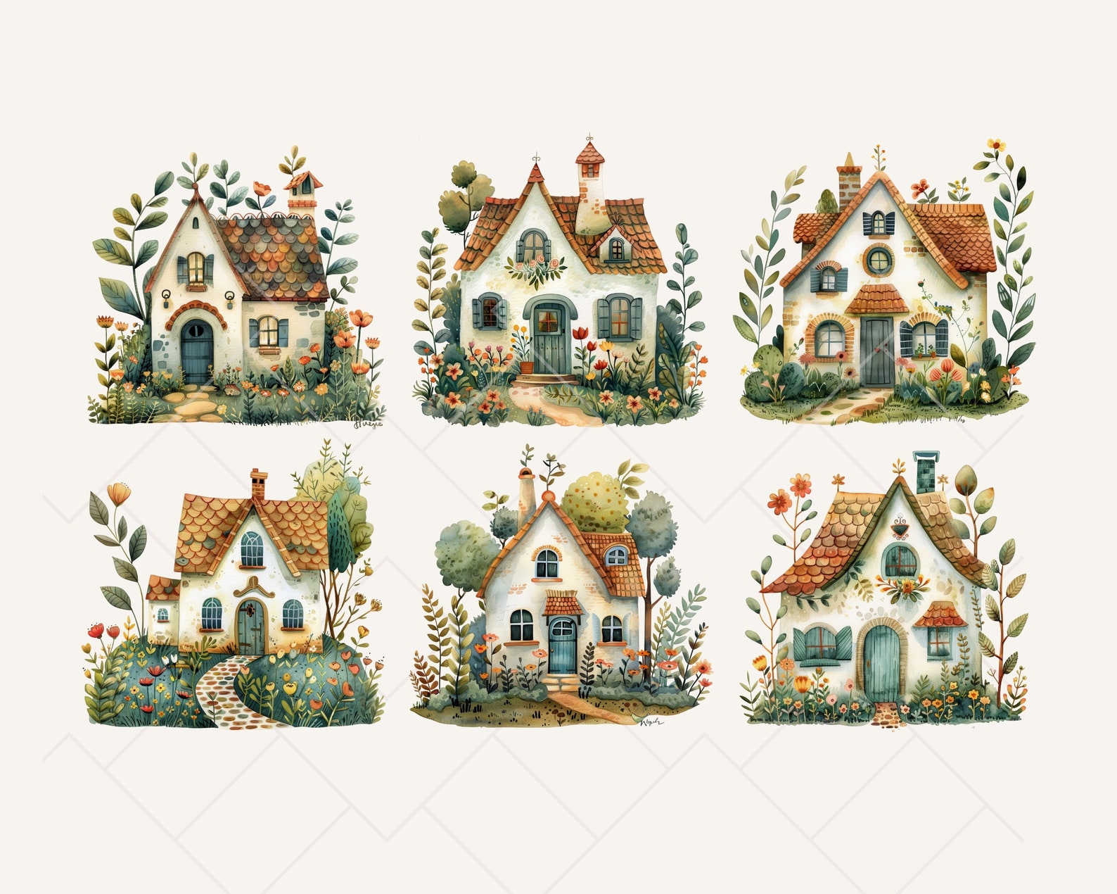 Watercolor Folk Cottages Clipart | Cottage Illustrations | Quirky ...