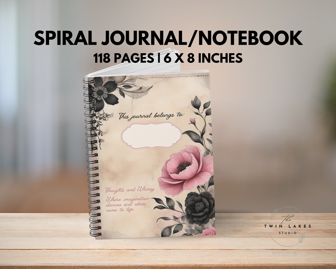Vintage Black & Pink Roses 6x8 Spiral Notebook Ruled Line Ruled Journal ...