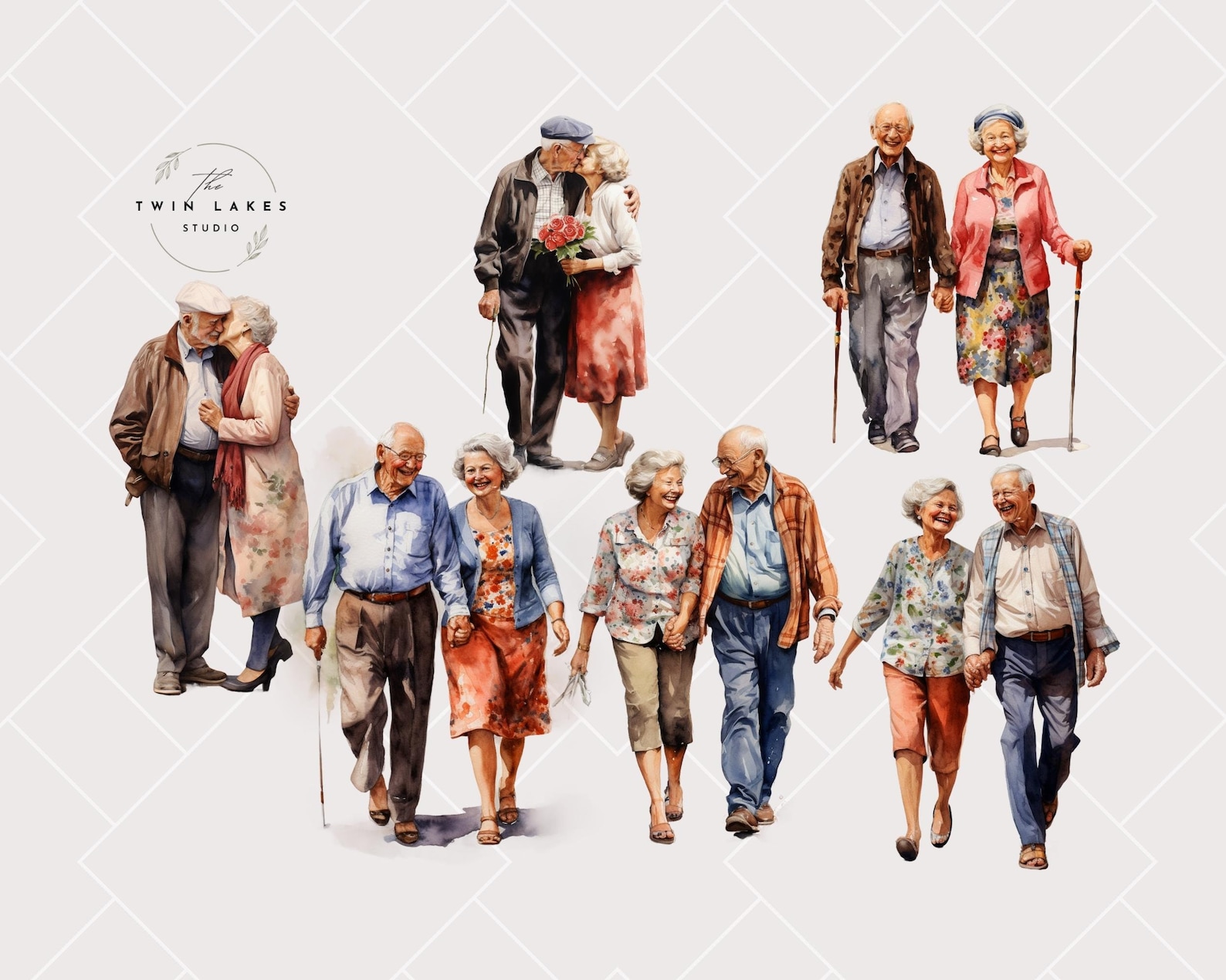 Watercolor Senior Citizens Elderly Couples Older Man Older Woman ...