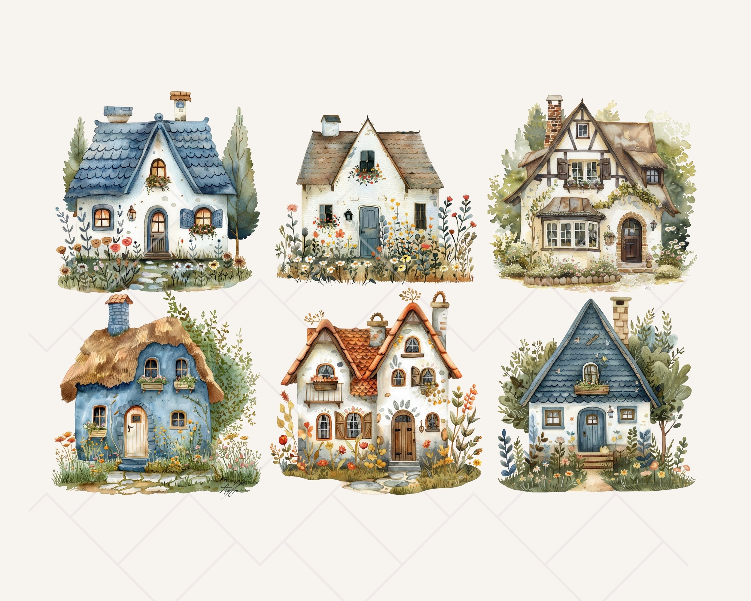 Watercolor Folk Cottages Clipart Cottage Illustrations Quirky ...