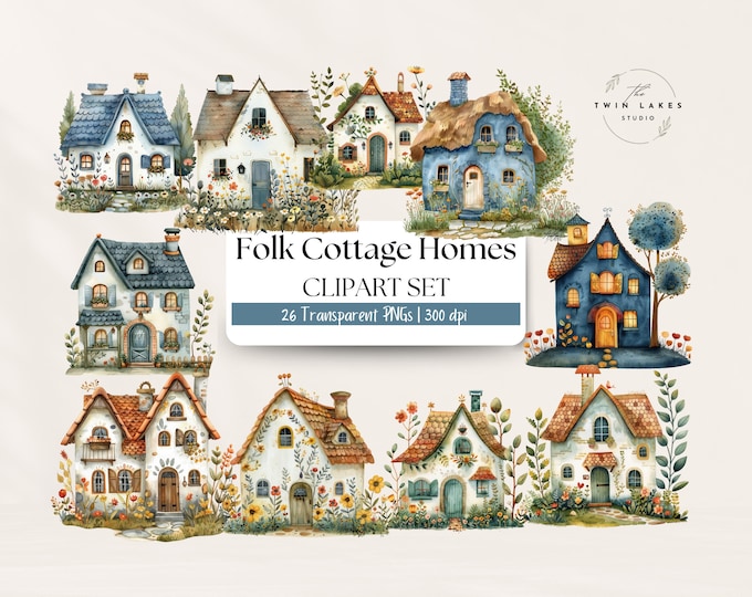 10 White Cottages Clipart Bundle Whimsical Cottages by a Stream ...