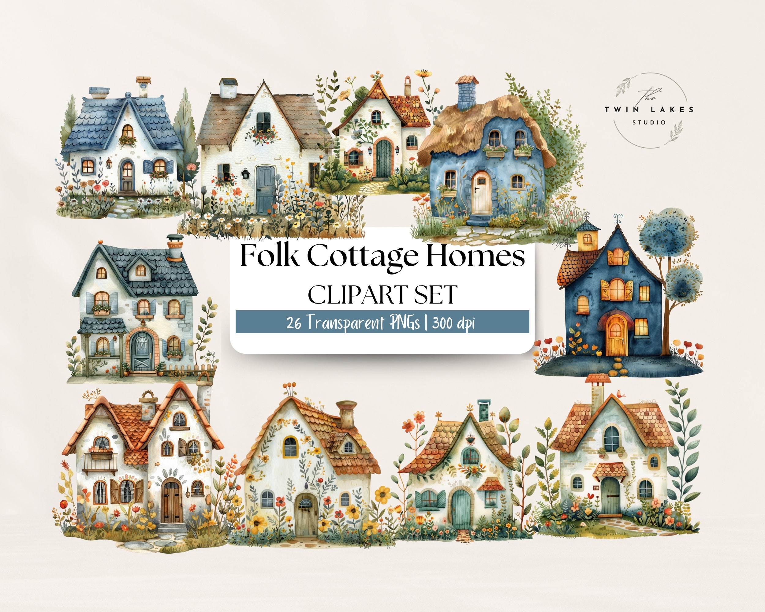 Watercolor Folk Cottages Clipart Cottage Illustrations Quirky ...