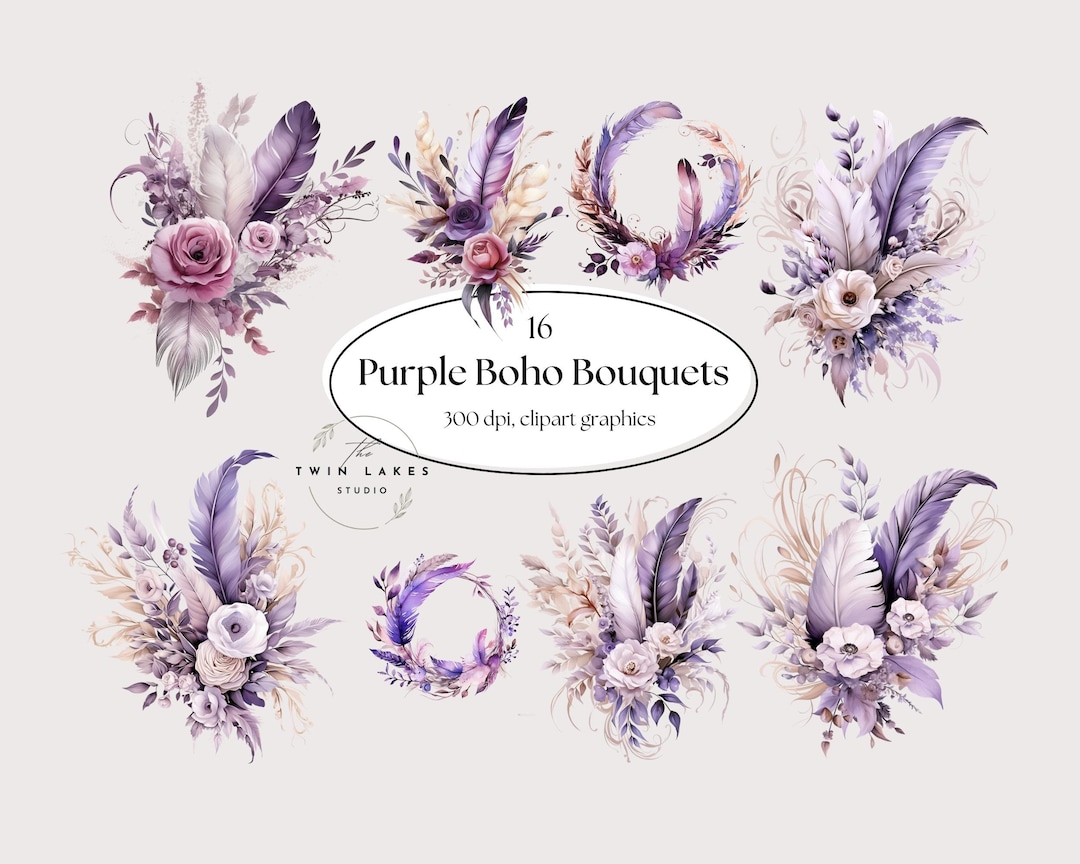 Boho Floral Clipart, Purple Boho Floral Bouquet, Clipart, Bohemian ...