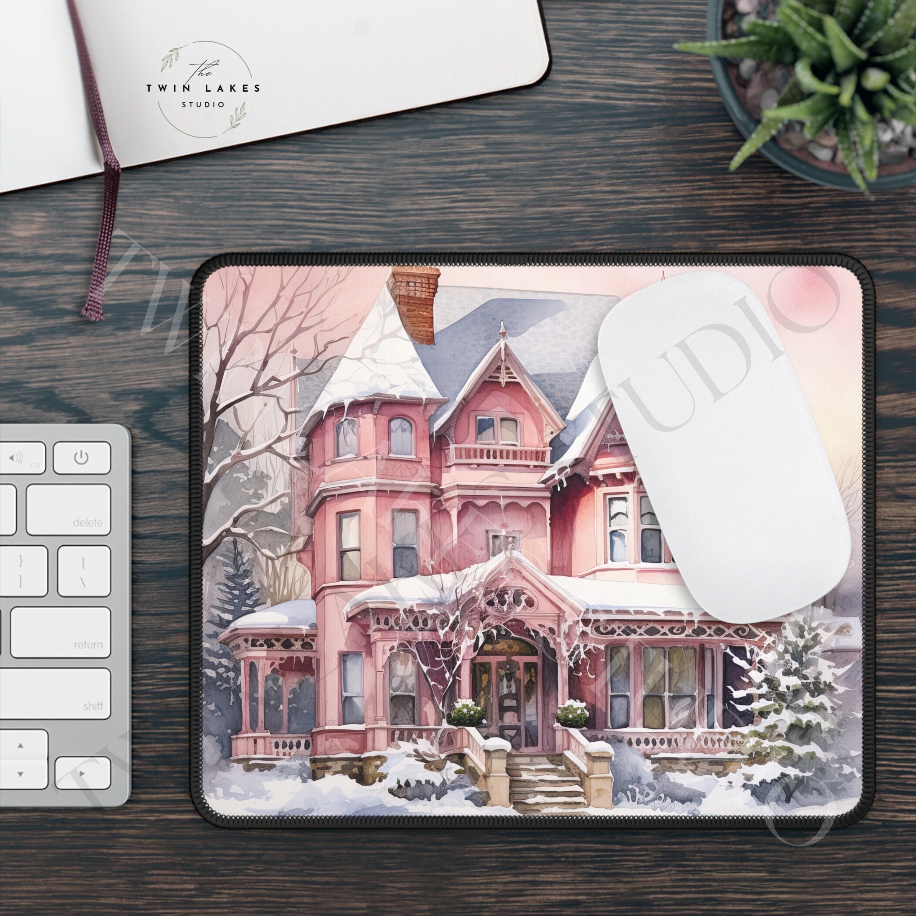 Pink Victorian Home in Winter Mousepad, Pink Decor, Vintage Victorian ...