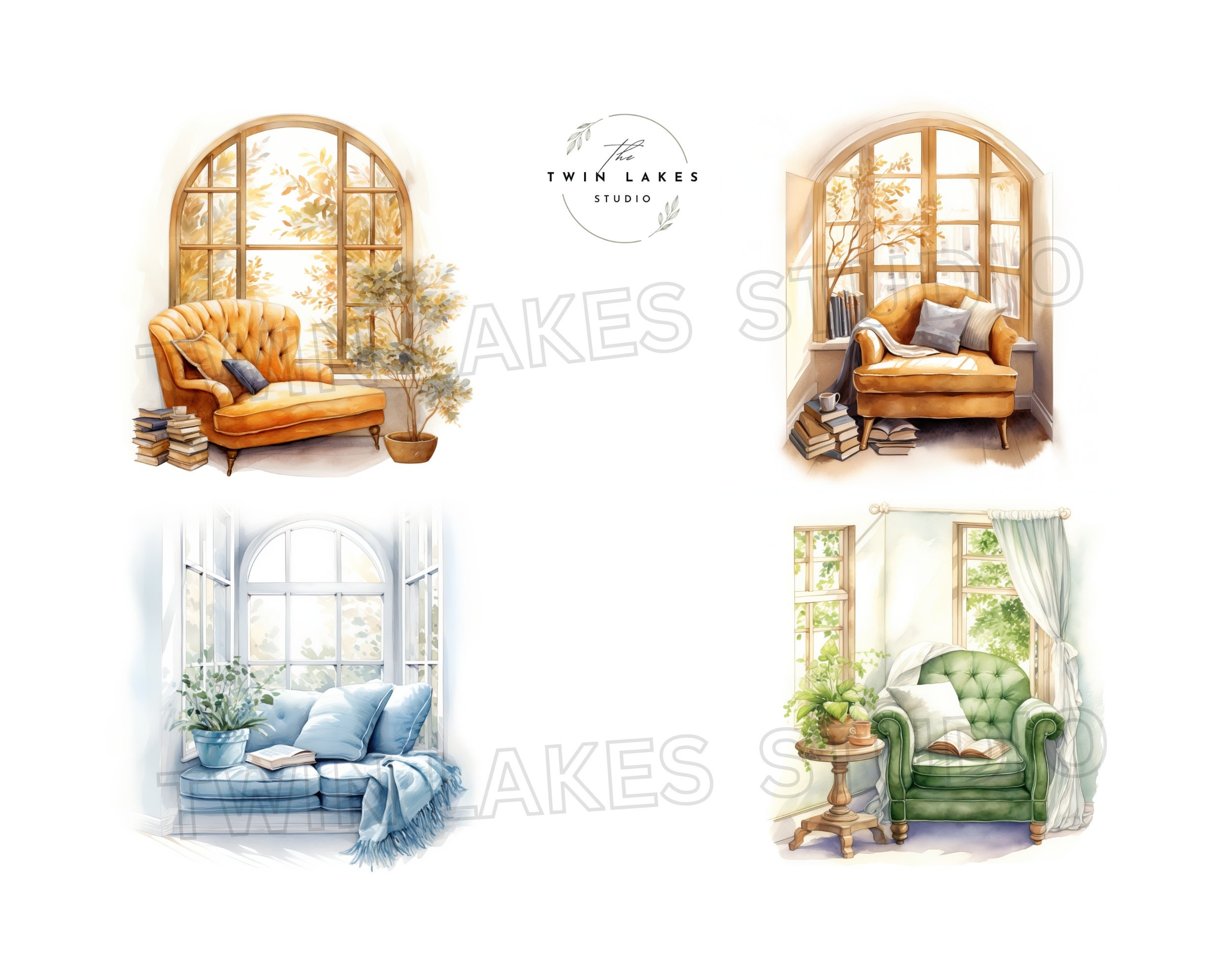 Watercolor Cozy Reading Nook - Background - Reading Nook Wall Art ...