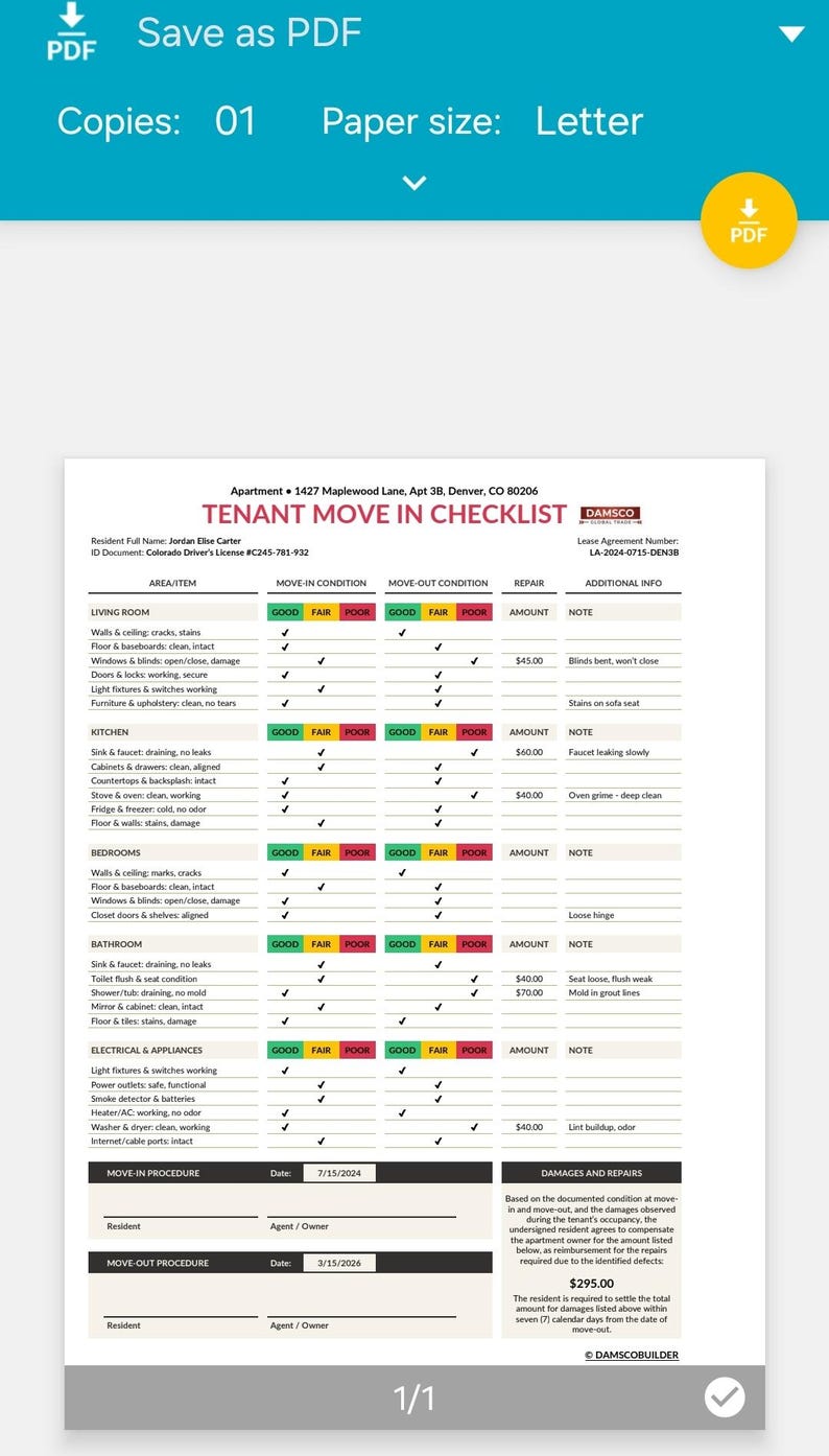 Tenant Move-in Move-out Checklist Printable | Rental Property ...