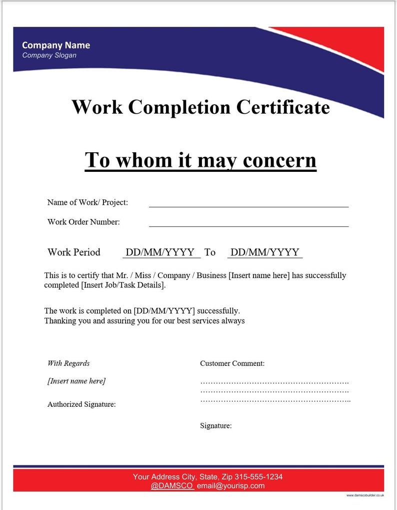 Editable Work Completion Certificate Template (digital Download) - Etsy
