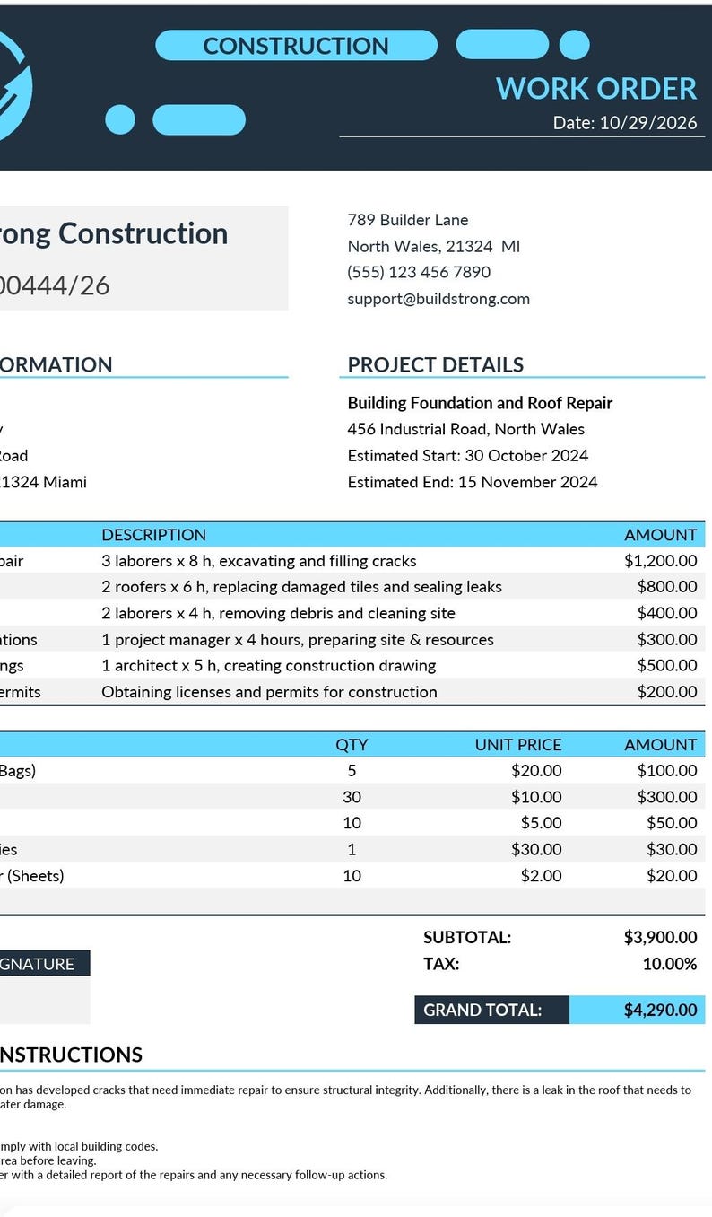 Construction Cost Estimate Template | Professional Contractor Quote ...