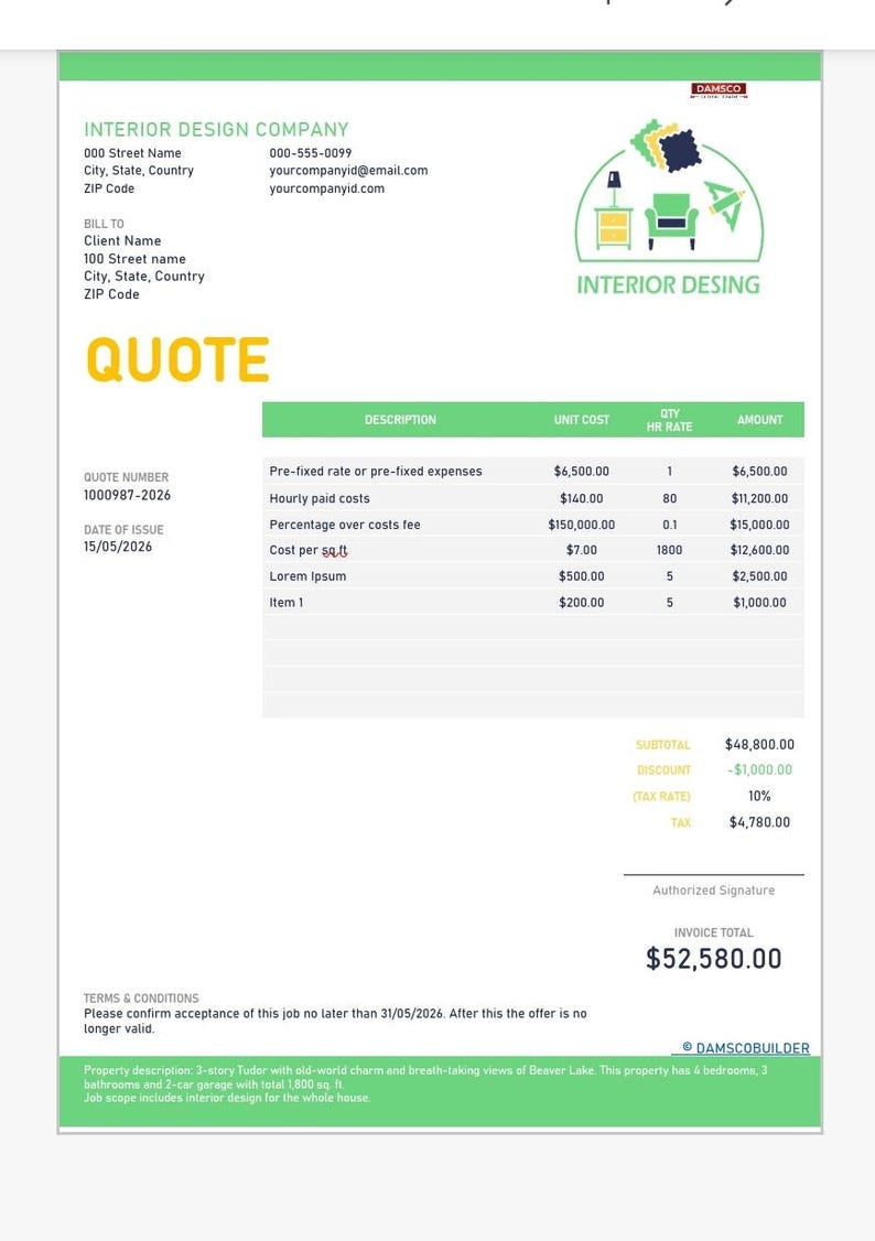 Interior Design Template | Editable Interior Design Invoice & Proposal ...