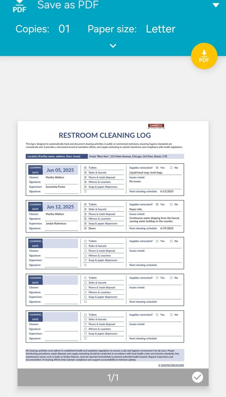 Restroom Cleaning Log Template | Editable Bathroom Cleaning Checklist ...