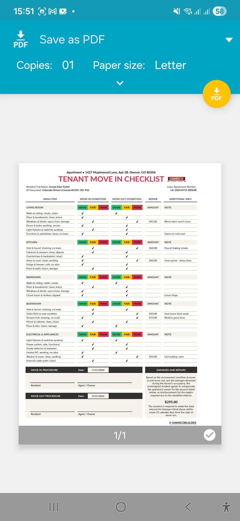 Rental Property Move-in/out Checklist | Landlord & Tenant Inspection ...