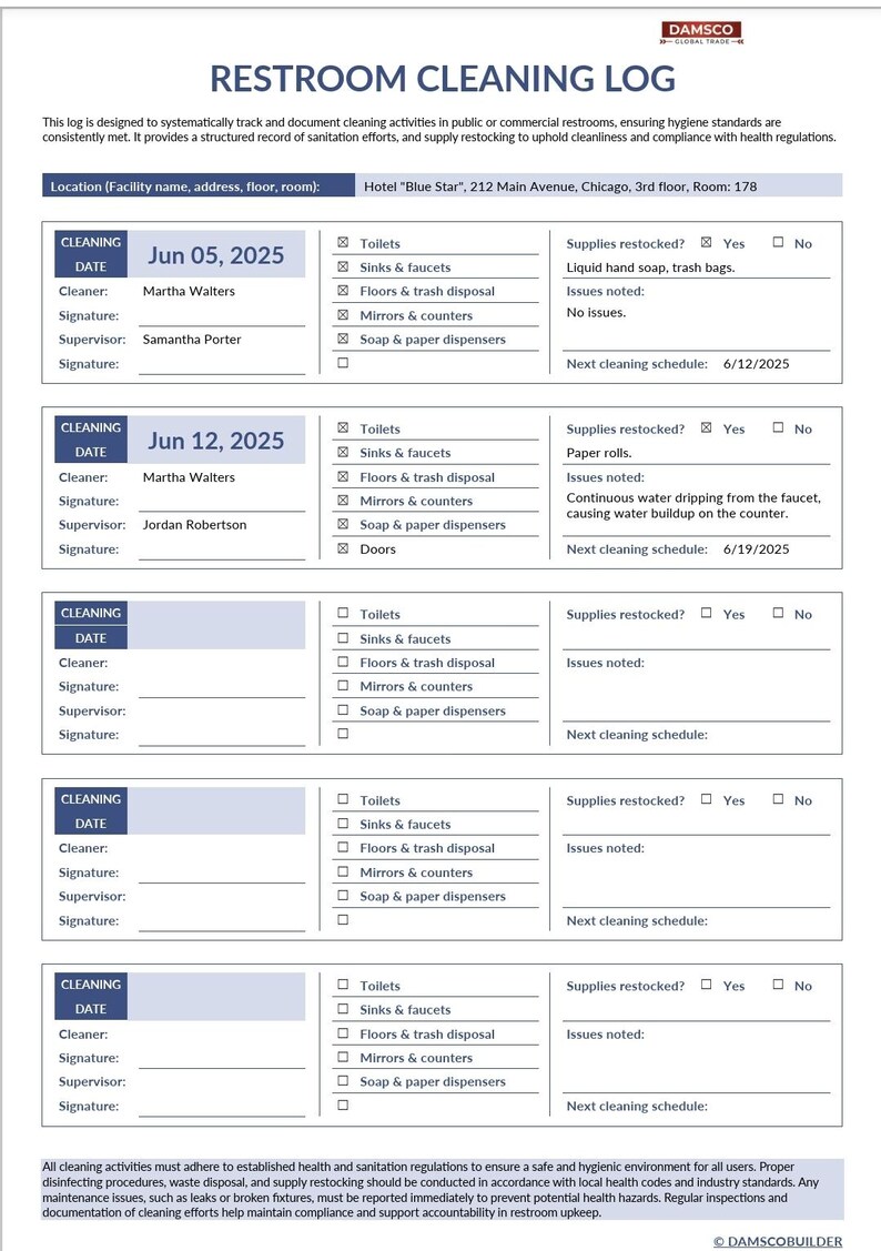 Restroom Cleaning Log Template | Editable Bathroom Cleaning Checklist ...