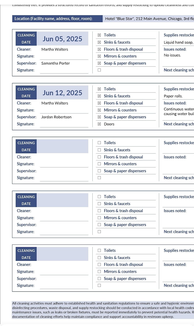 Restroom Cleaning Log Template | Editable Bathroom Cleaning Checklist ...