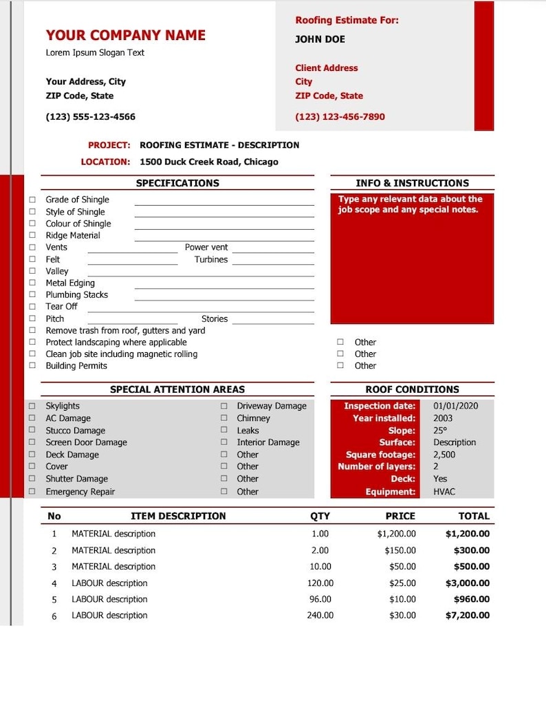 Roofing Estimate Template | Editable Roofing Invoice & Quote ...