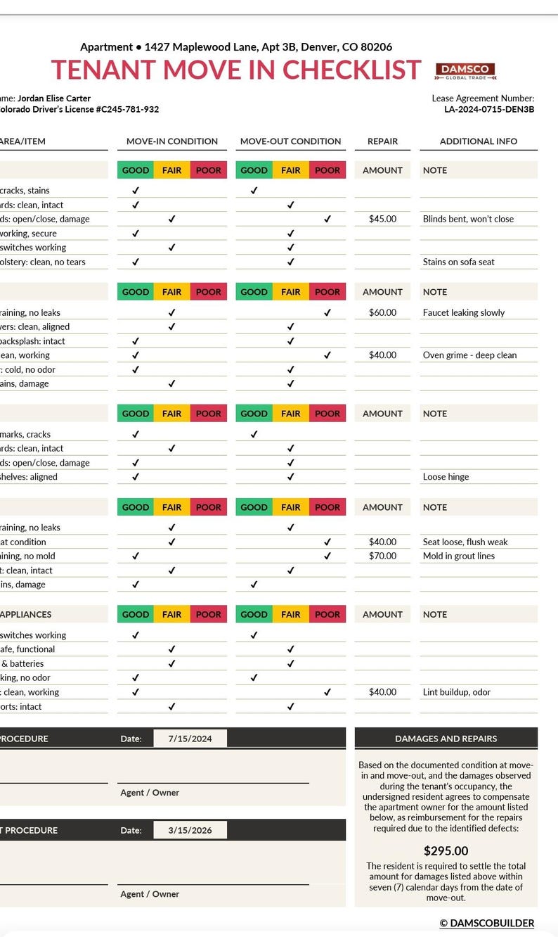Rental Property Move-in/out Checklist | Landlord & Tenant Inspection ...
