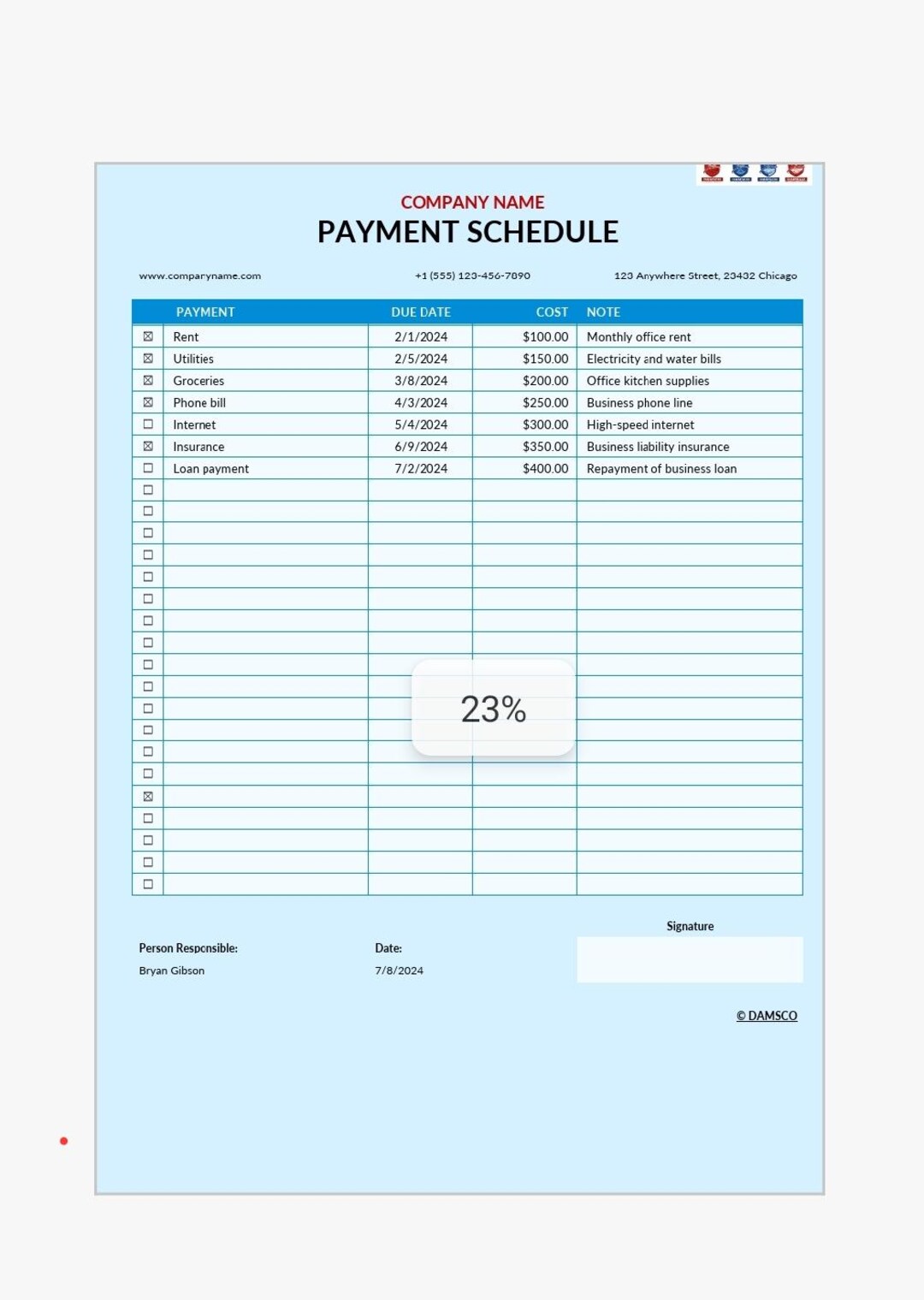 Company Payment Schedule Template | Business Installment Planner ...
