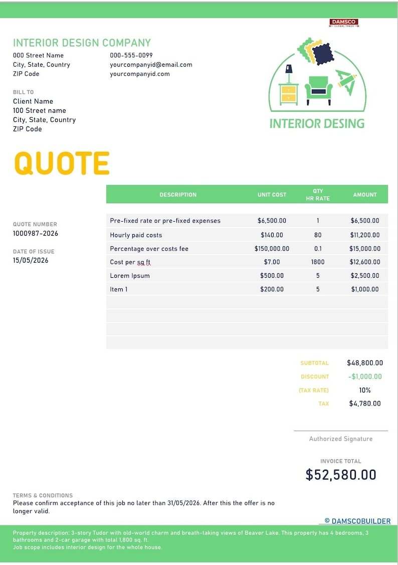 Interior Design Template | Editable Interior Design Invoice & Proposal ...