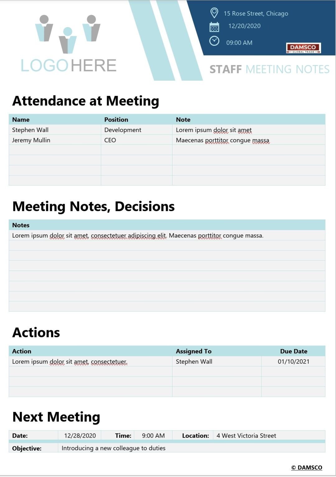 Staff Meeting Attendance Notes Template | Printable & Editable (digital ...