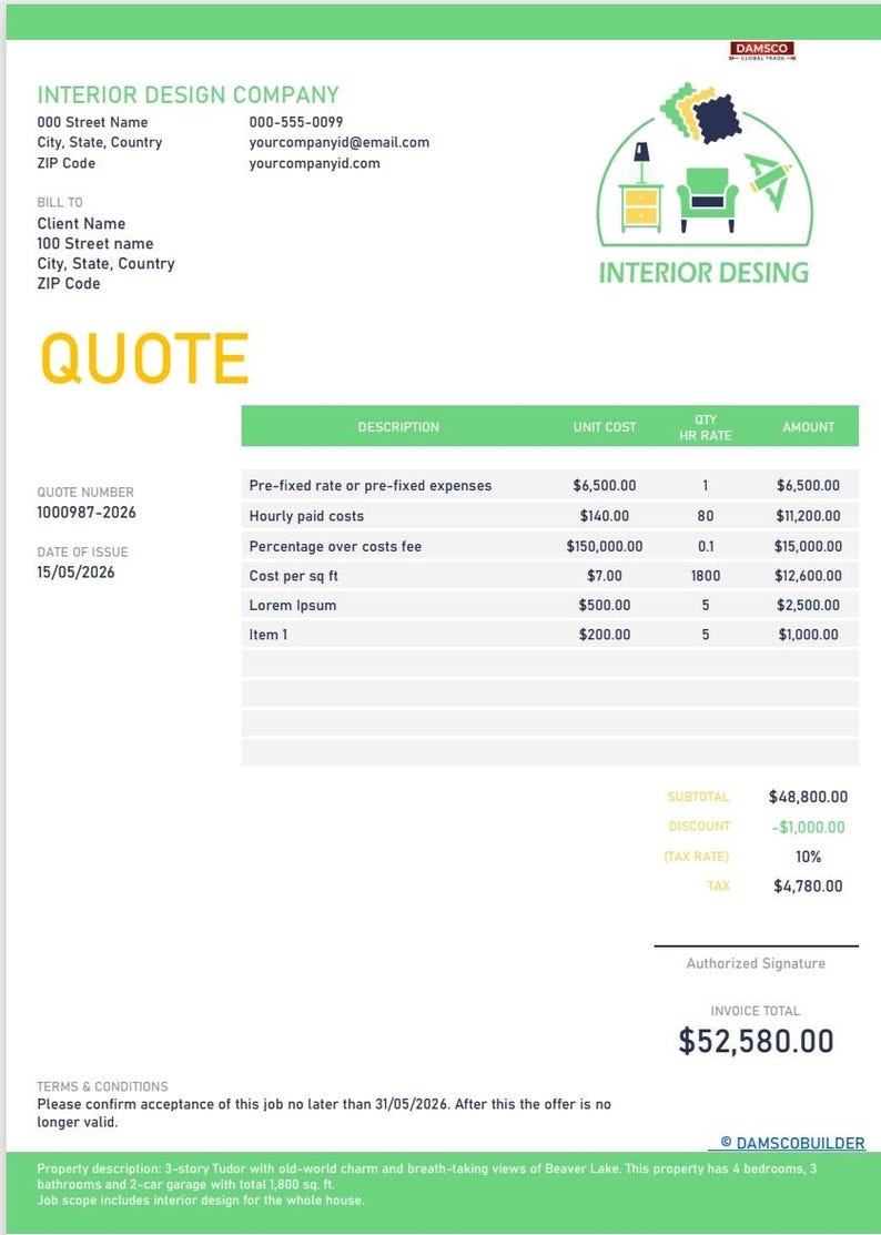 Interior Design Template | Editable Interior Design Invoice & Proposal ...