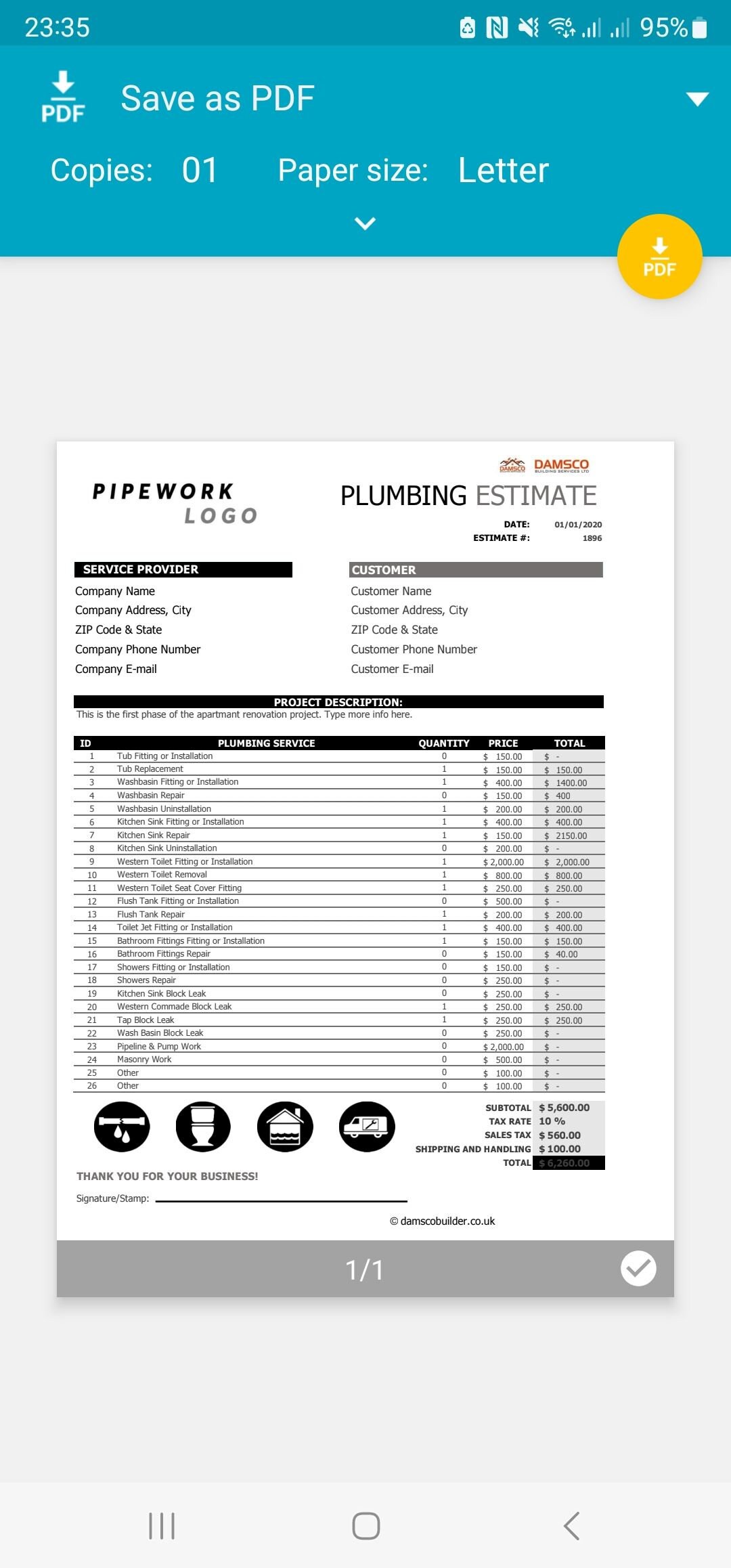 Plumbing Estimate Template | Invoice, Bid Sheet (excel, Word, Google ...