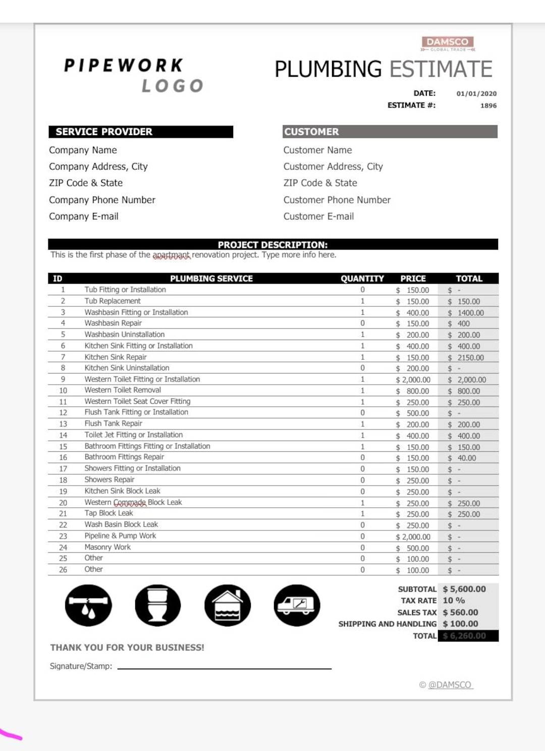 Plumbing Work Order Template | Editable Plumber Service Form Digital ...