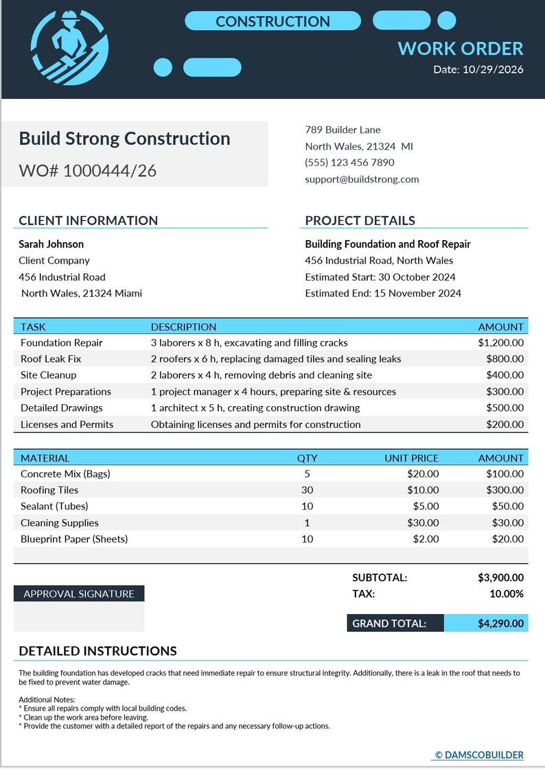 Construction Cost Estimate Template | Professional Contractor Quote Form | Editable Word ...