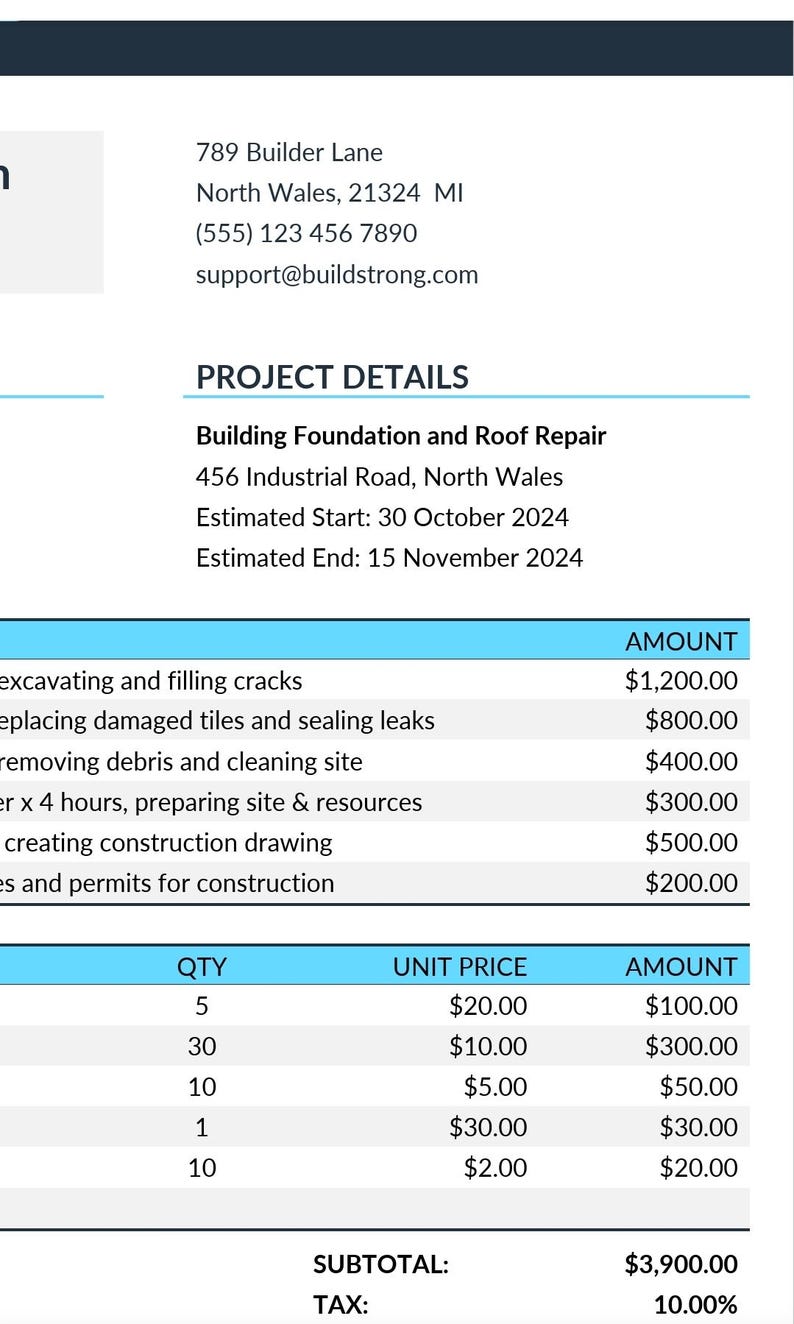 Construction Cost Estimate Template | Professional Contractor Quote ...