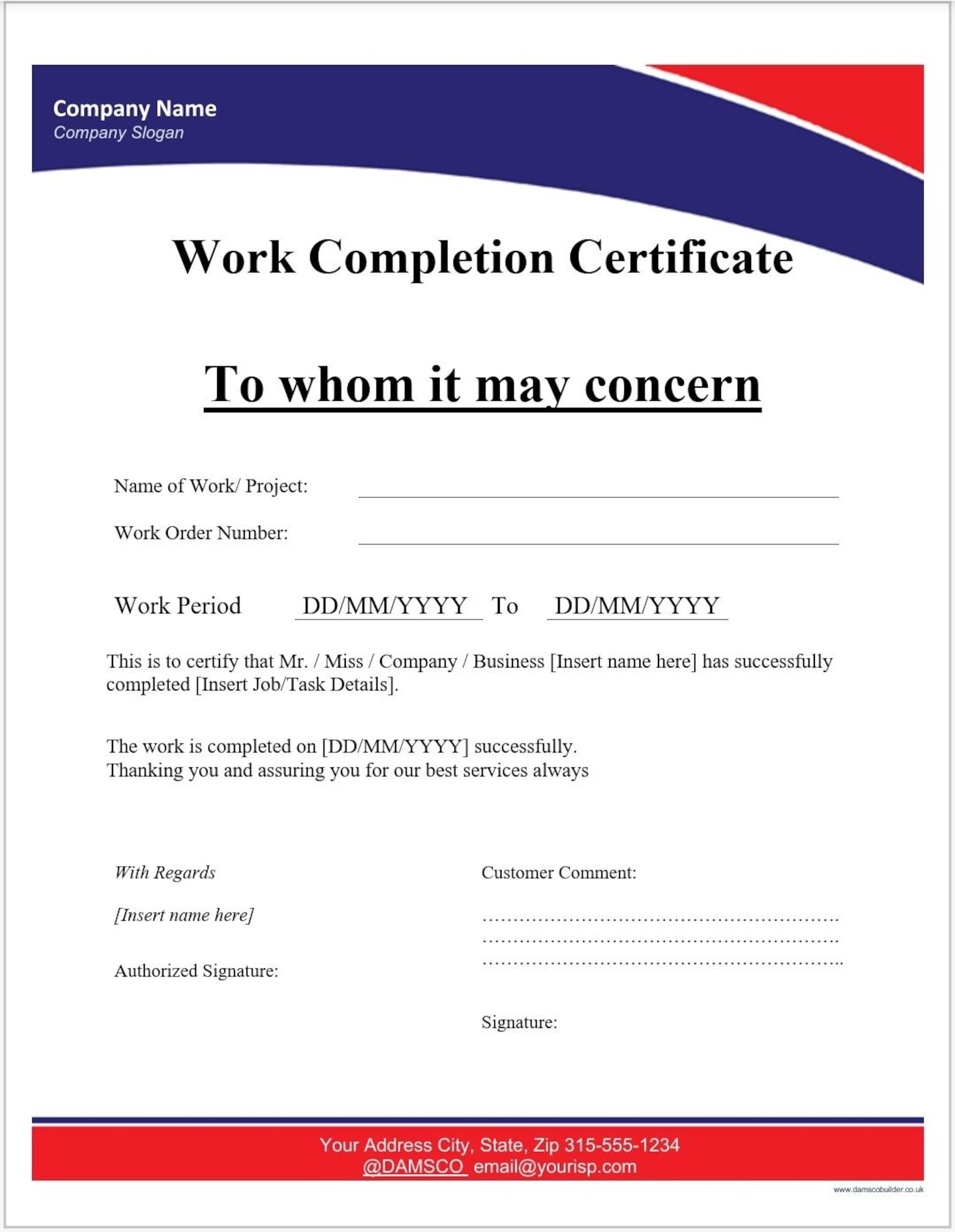 Editable Work Completion Certificate Template (digital Download) - Etsy