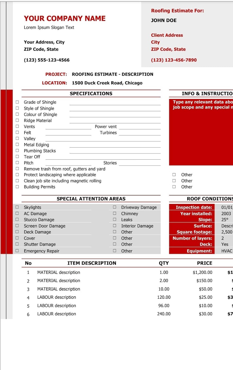 Roofing Estimate Template | Editable Roofing Invoice & Quote ...