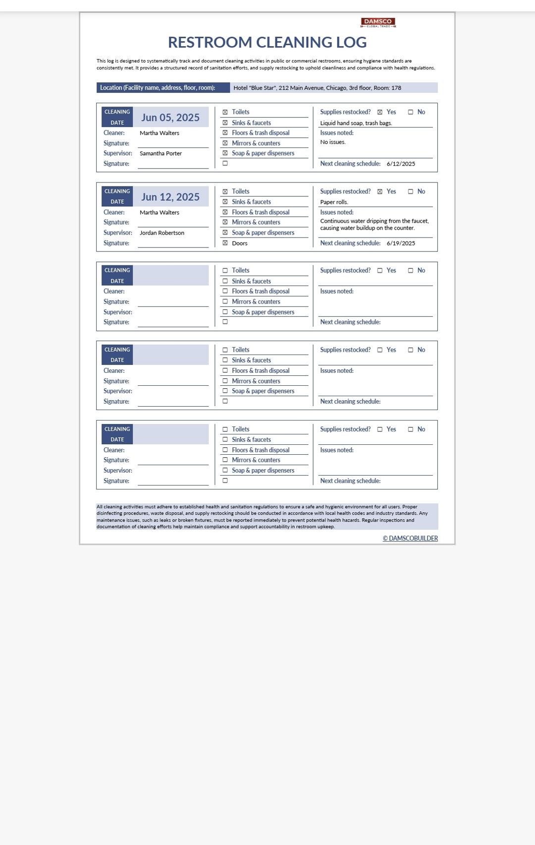 Restroom Cleaning Log Template | Editable Bathroom Cleaning Checklist ...