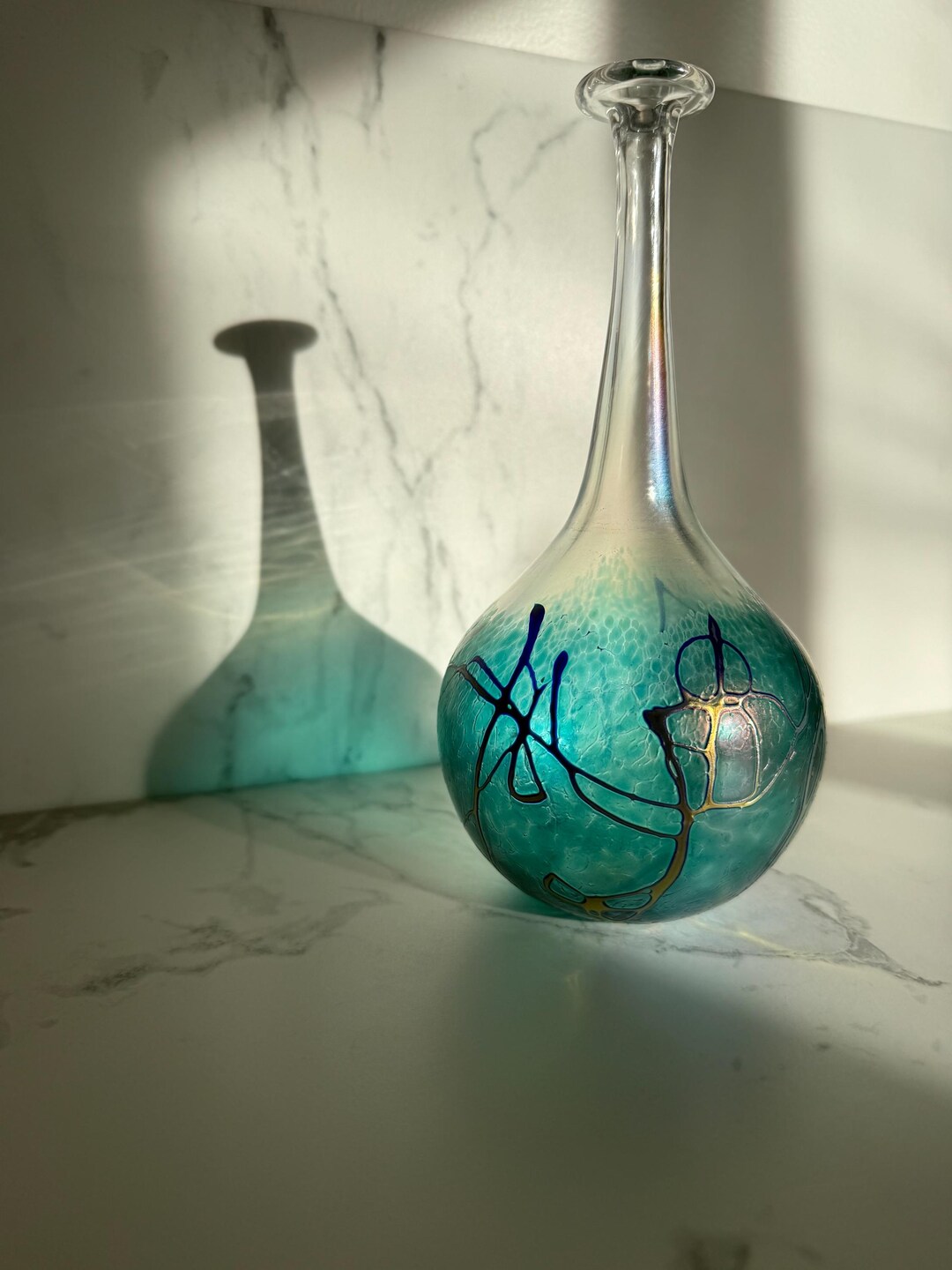 Vintage Signed Robert Held Art Glass Teardrop Vase in Iridescent Blue ...
