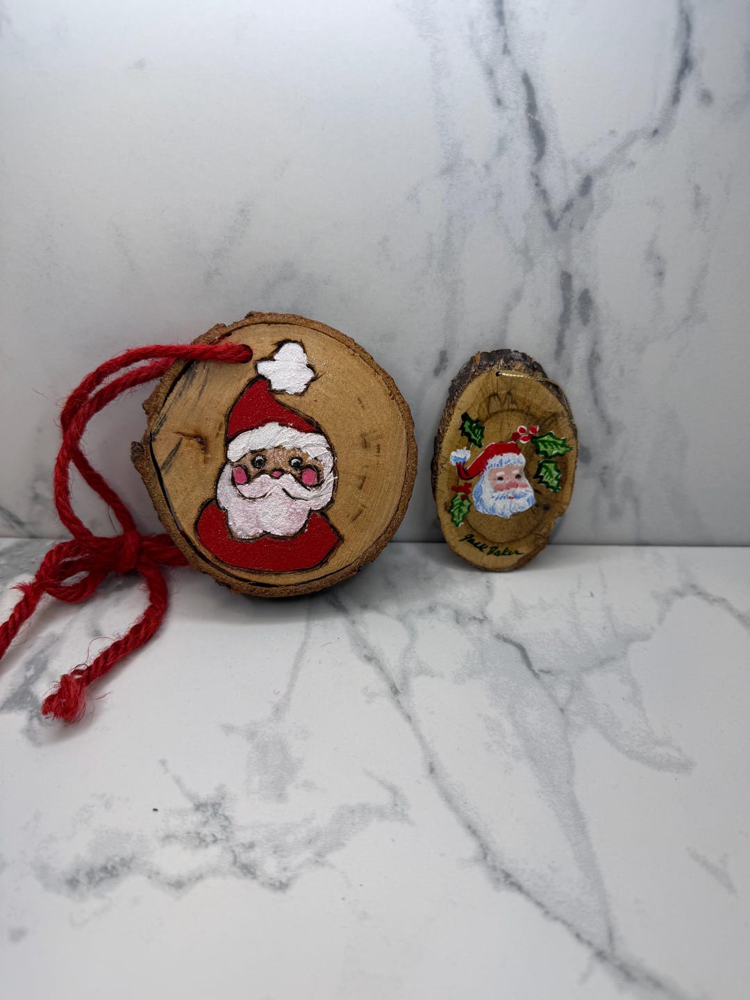 Lot of 2 Vintage Hand Painted Wood Slice Santa Ornaments. - Etsy