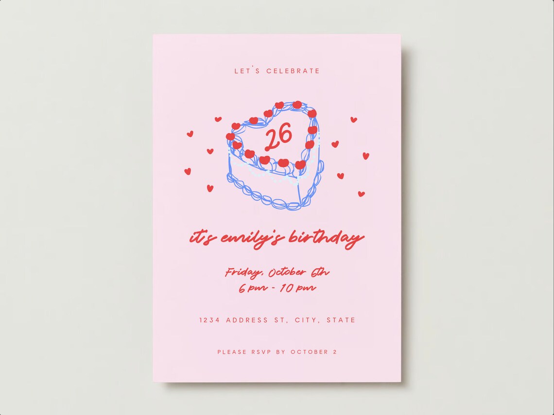 BIRTHDAY CAKE INVITE | Hand-drawn Colorful Retro Birthday Invitation ...