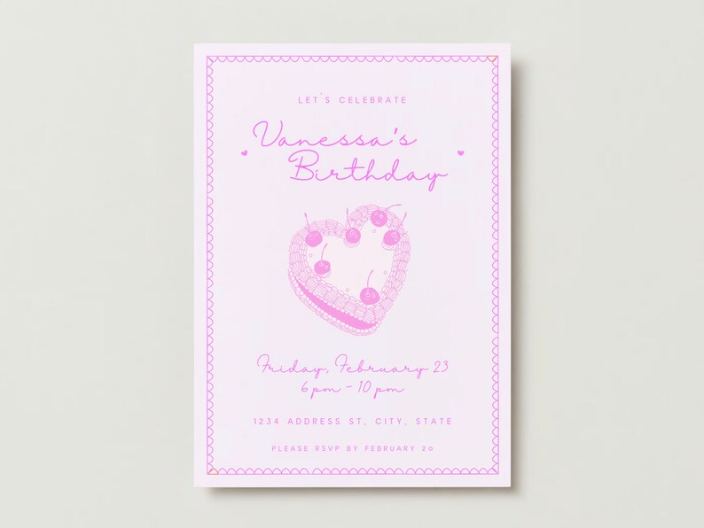 BIRTHDAY CAKE INVITE Hand-drawn Retro Heart Birthday Invitation ...